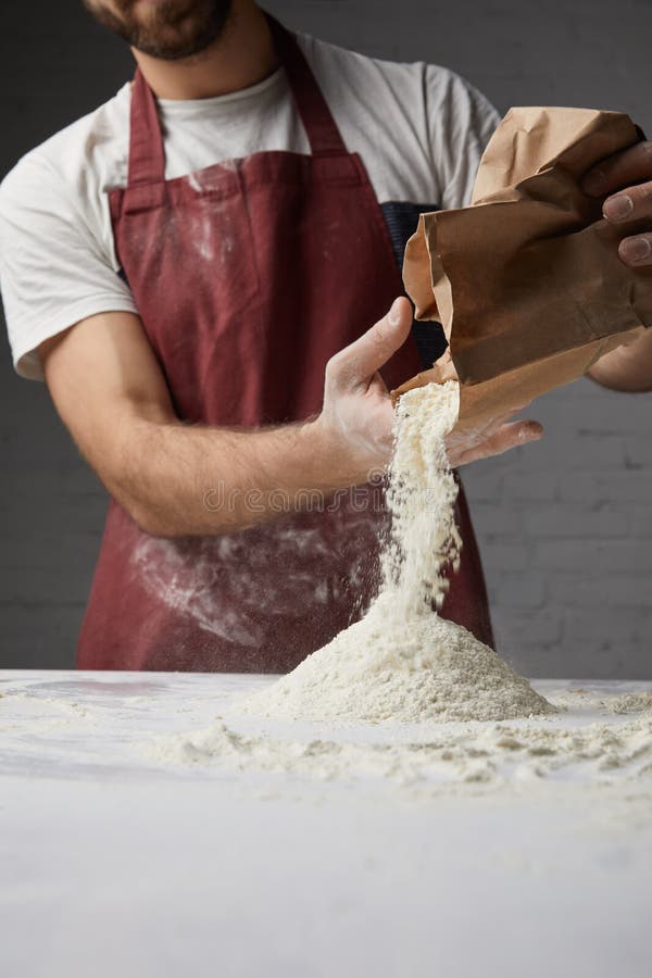 Chef Pouring Out Flour on Table Stock Image - Image of dough, kitchen ...
