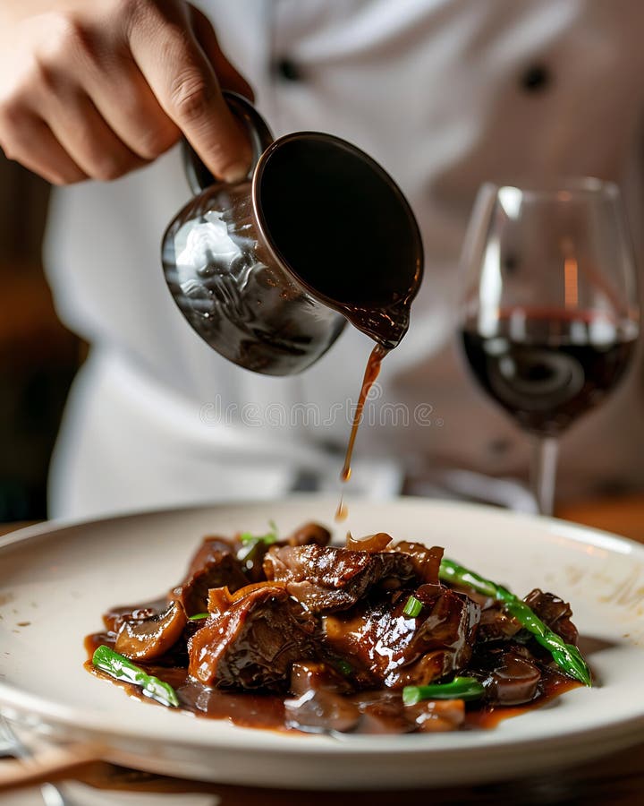 A Chef is Pouring a Rich Sauce Over the Braised Beef Stock Illustration ...