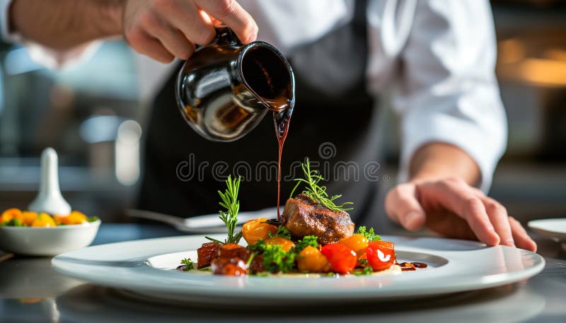 Chef Pouring Sauce into Meal. AI Generated. Stock Illustration ...