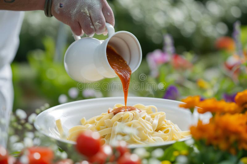 Chef Pouring Sauce Over Pasta in a Garden Setting Stock Image - Image ...