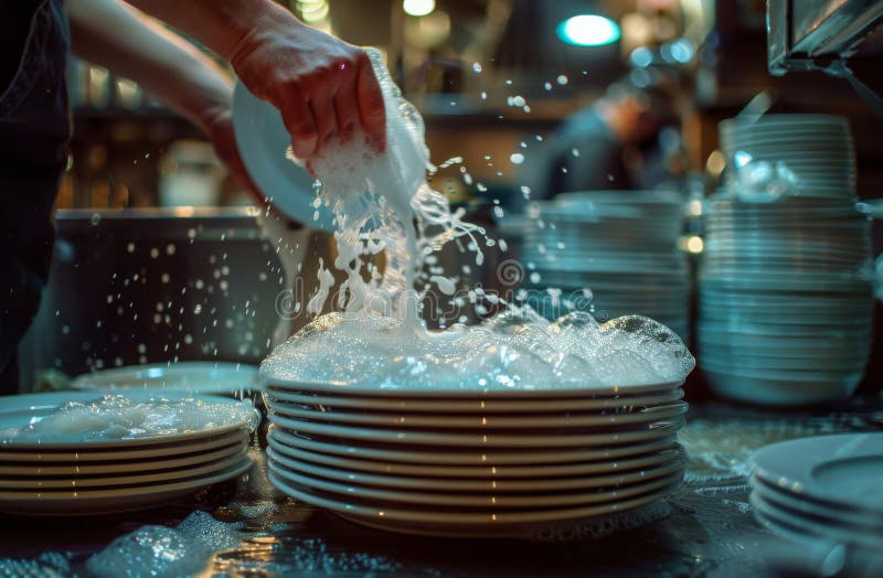 Chef Pouring Water on Plates in Kitchen Stock Image - Image of ...