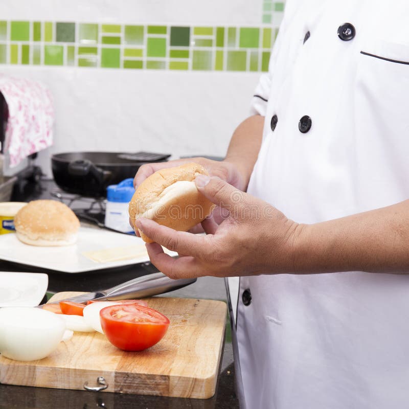 Chef prepare burger bun stock photo. Image of horizontal - 58005042