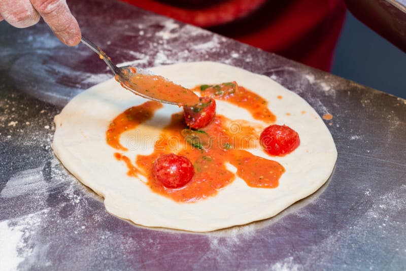 Chef Prepare Pizza in the Kitchen Stock Photo - Image of hand, dough ...