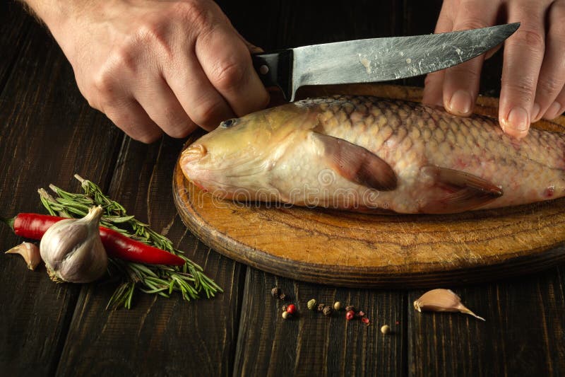 The Chef Prepares Cyprinus in the Kitchen. Preparation for Cutting Fish ...