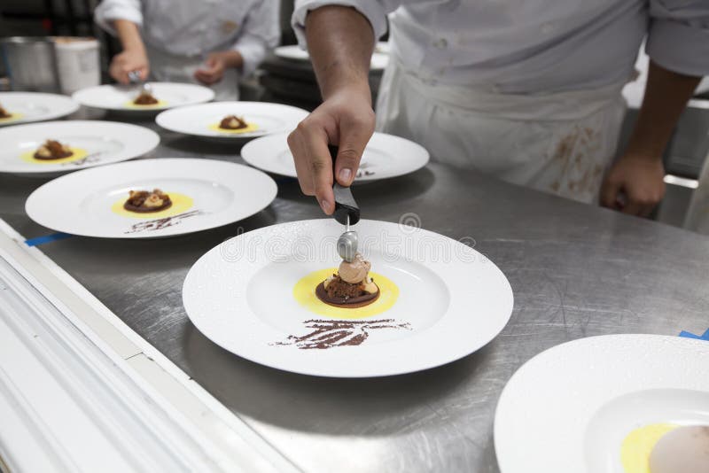 The Chef Prepares Desserts with Ice-cream for Dinner Party. Stock Image ...