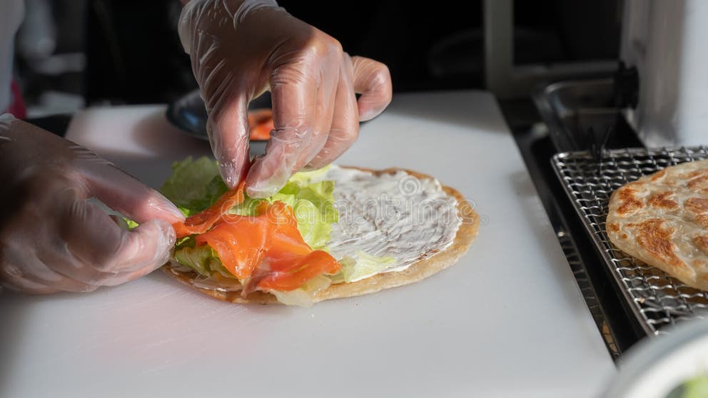 Chef Prepares Flatbread with Salmon.Quesadilla. Stock Photo - Image of dill, foreground: 337405334
