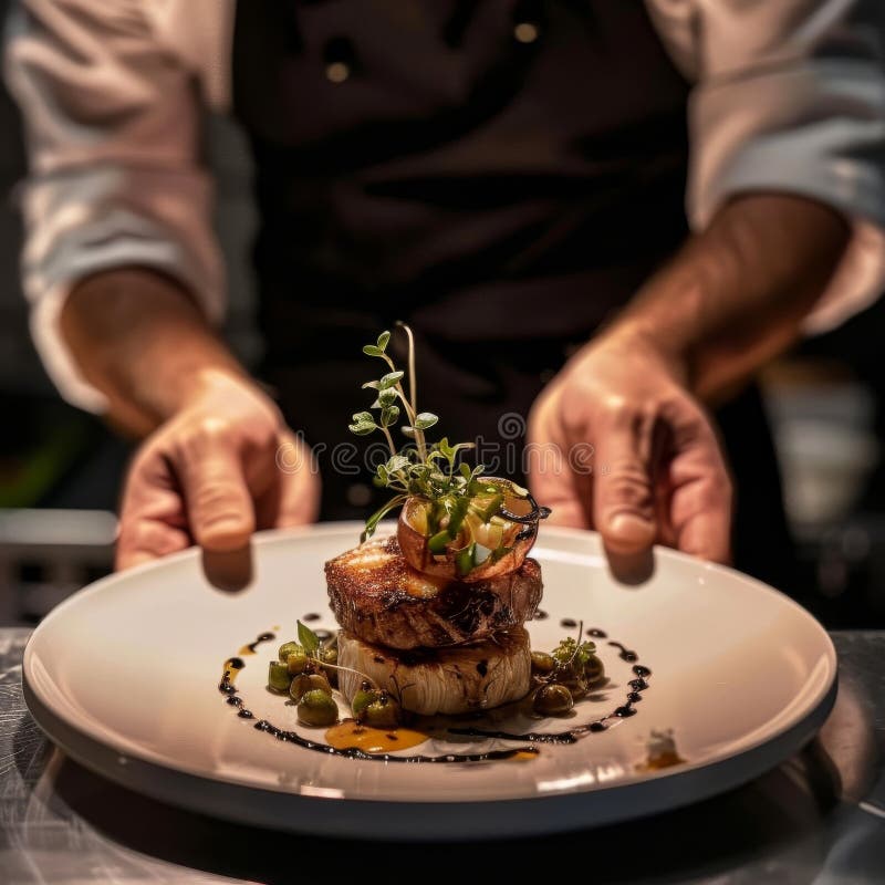 Chef Prepares Food with Hand on Tableware, Ingredients on Plate Stock ...