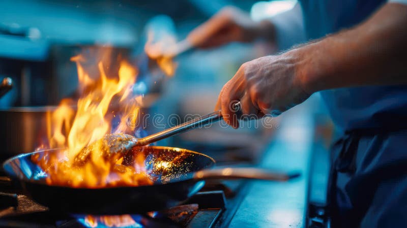 Chef Prepares Food in a Professional Kitchen with Dramatic Flames ...