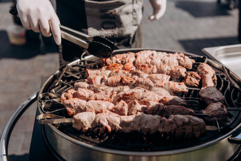 Chef Prepares Meat Charcoal Grill Outside Party Stock Photo - Image of ...