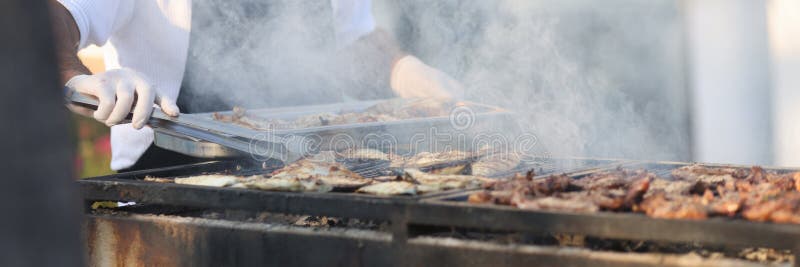 Chef Prepares Meat on Grill in Open Air Stock Image - Image of cookout ...