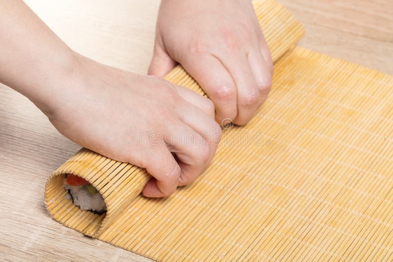 Chef Prepares Rolls, Hands Closeup Stock Photo - Image of bamboo ...