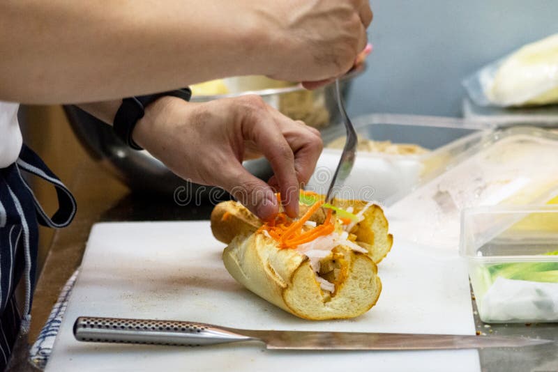 Chef Prepares Sandwich in the Kitchen, Delicious Sandwich with Veggies ...