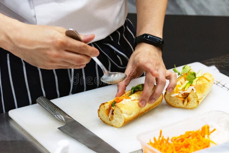 Chef Prepares Sandwich in the Kitchen, Delicious Sandwich with Veggies ...