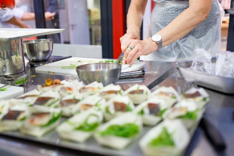 Chef Preparing Appetizers for a Buffet Meal Stock Image - Image of ...