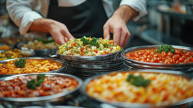 Chef Preparing a Buffet of Various Dishes Stock Illustration ...