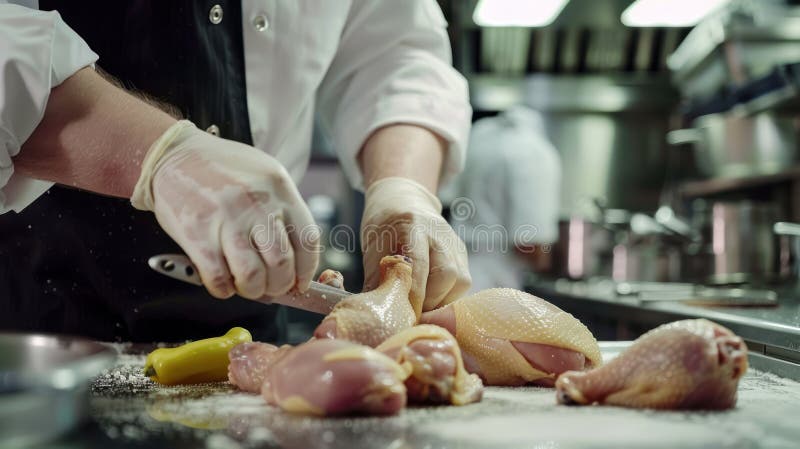 A Chef Preparing Chicken in a Professional Kitchen, Showcasing Culinary ...