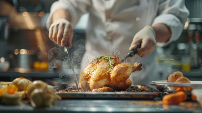 A Chef Preparing Chicken in a Professional Kitchen, Showcasing Culinary ...