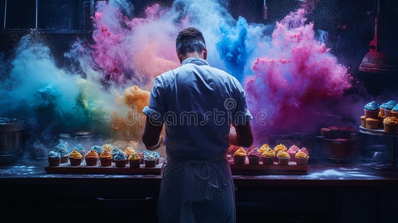 Chef Preparing Cupcakes with Colorful Powder Explosion in Background ...