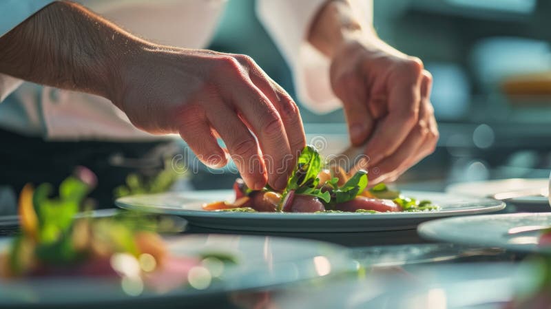 A Chef Preparing a Dish on Top of White Plate with Garnish, AI Stock ...