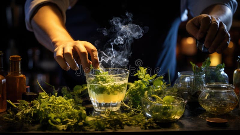 The Chef is Preparing an Exotic Cocktail Based on Seaweed. a Fusion of ...