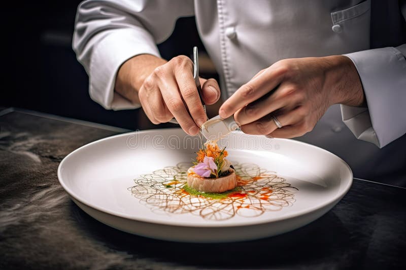 Chef, Preparing Exquisite and Delicate Dish with Intricate Technique ...