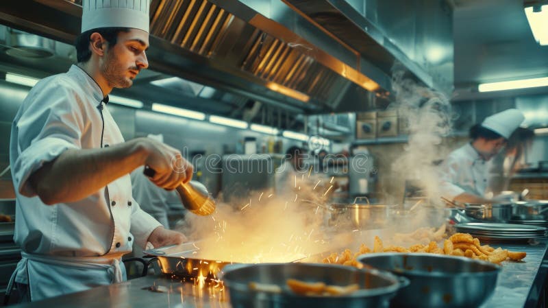 A Chef Preparing Food in a Busy Commercial Kitchen Stock Photo - Image ...