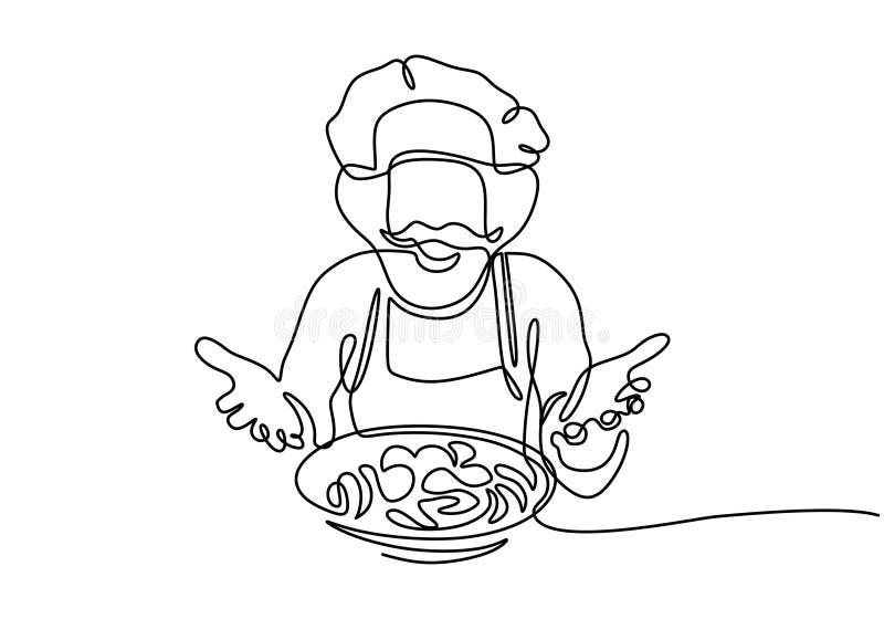 Chef Preparing Food at Kitchen with Plate Continuous Line Drawing ...