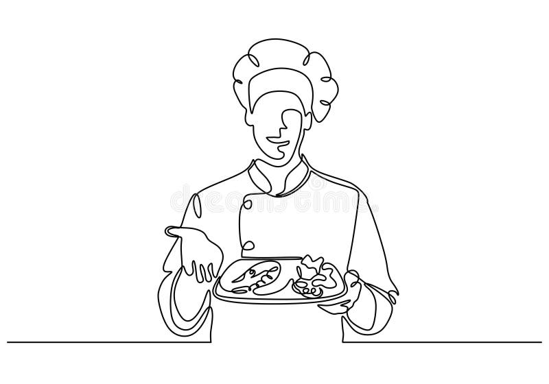 Chef Preparing Food at Kitchen with Plate Continuous Line Drawing ...
