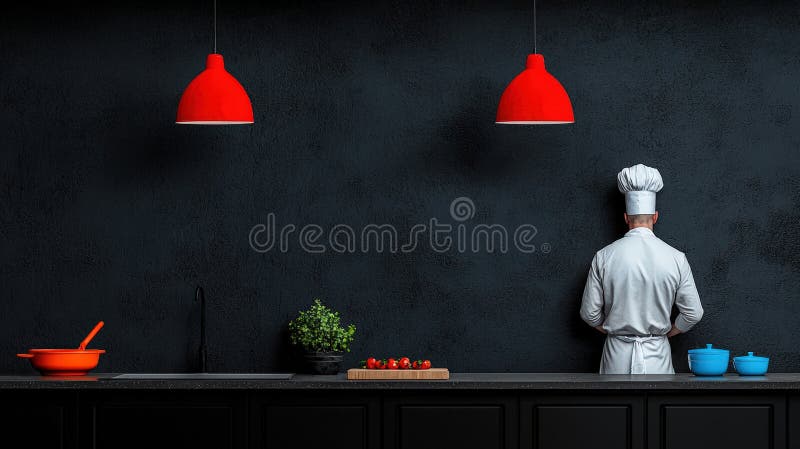 Chef Preparing Food in a Modern Kitchen with Vibrant Red Lighting Stock ...
