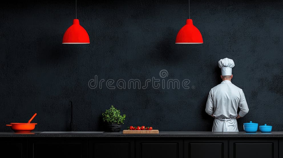 Chef Preparing Food in a Modern Kitchen with Vibrant Red Lighting Stock ...