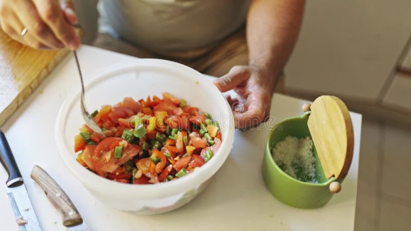 Chef Adding Salt To Fresh Tomato Salad Stock Video - Video of lifestyle ...