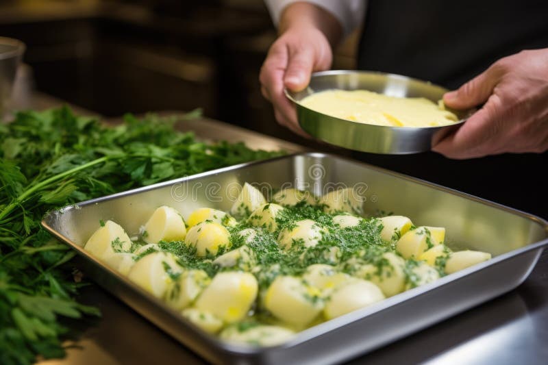 Chef Preparing Garlic Herb Butter for Basting Bread Stock Photo - Image ...