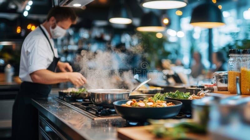 Chef Preparing Gourmet Dishes in a Bustling Kitchen during Dinner ...