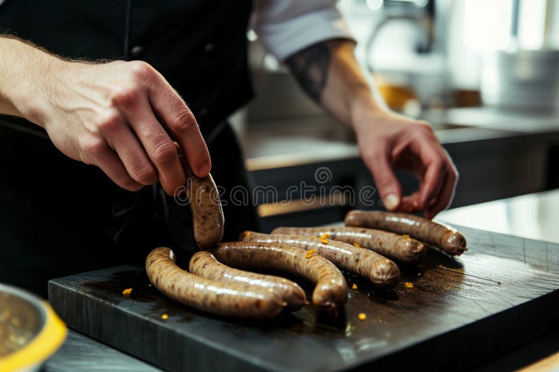 Chef Preparing Gourmet Sausages in a Modern Kitchen Stock Photo - Image ...