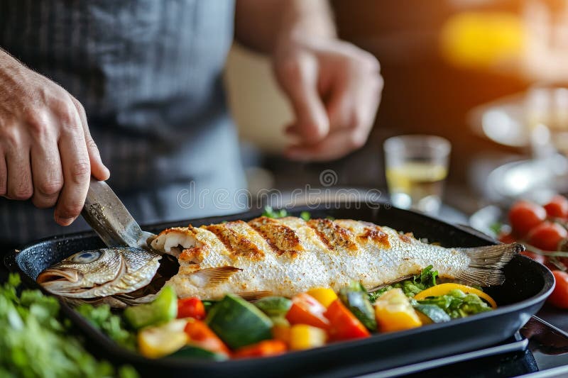 Chef Preparing Grilled Fish with Vegetables in Kitchen Stock Photo ...
