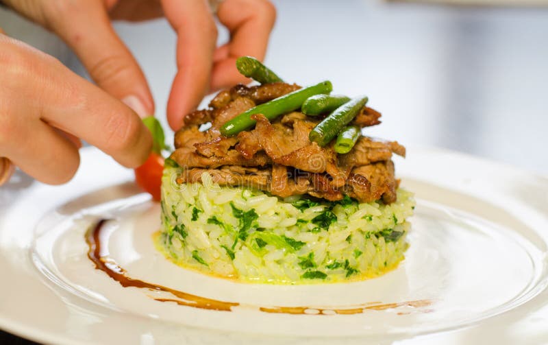 Chef Preparing Marinated Grilled Beef on Rice Stock Image - Image of ...