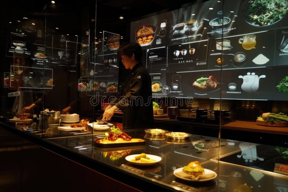Chef Preparing Meals in Modern High-Tech Restaurant with Interactive ...
