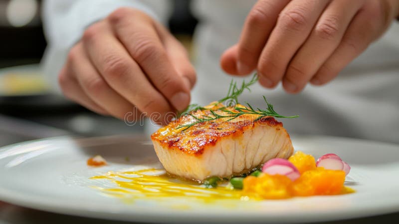 Chef Preparing Pan-Seared Fish Dish with Colorful Vegetables Stock ...