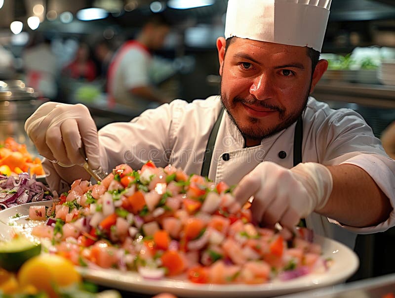 A Chef Preparing a Plate of Ceviche in a Mexican Restaurant. Stock ...
