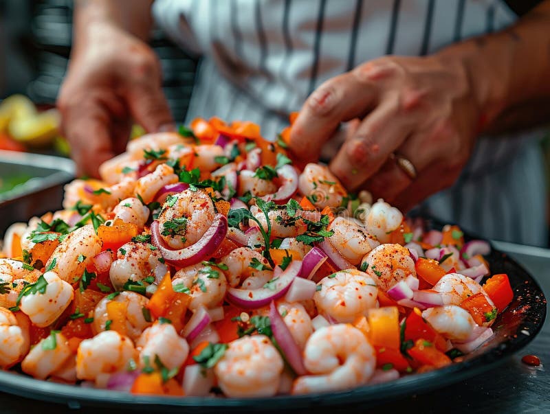 A Chef Preparing a Plate of Ceviche in a Mexican Restaurant. Stock ...