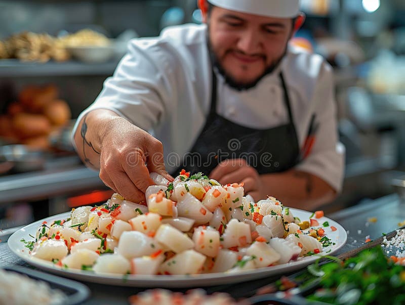 A Chef Preparing a Plate of Ceviche in a Mexican Restaurant. Stock ...
