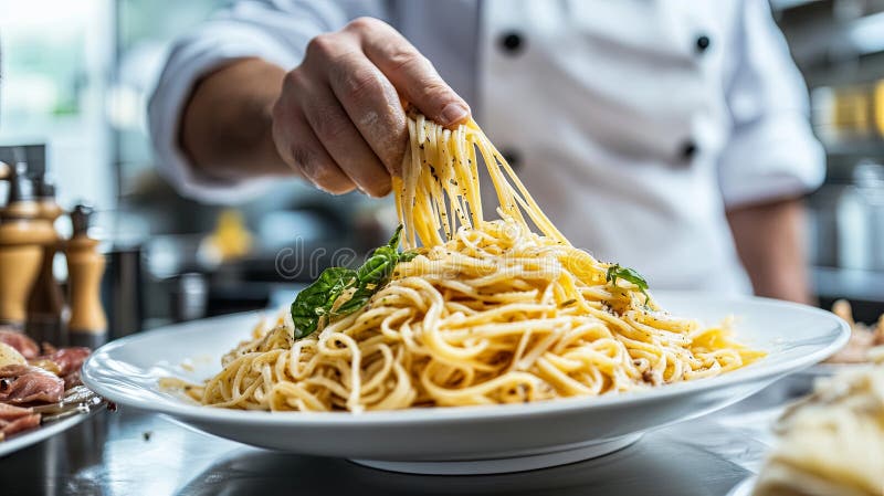 A Chef Preparing a Plate of Gourmet Pasta in a Modern Restaurant Stock ...