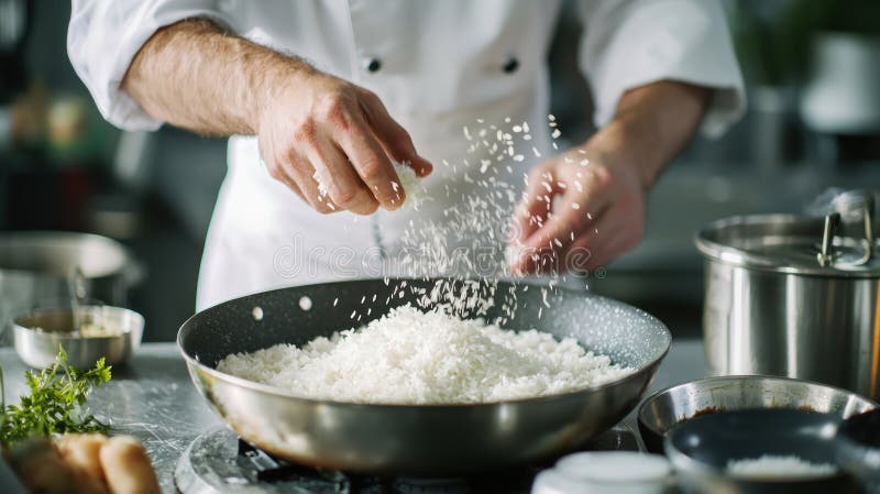 A Chef Preparing a Rice Dish in a Modern Kitchen, Illustrating Stock ...