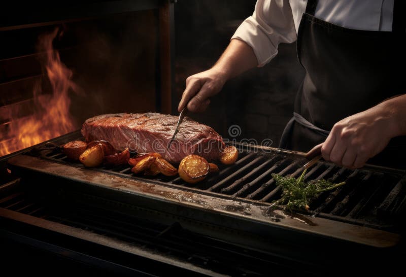 Chef Preparing a Roast on the Grill Stock Photo - Image of closeup ...