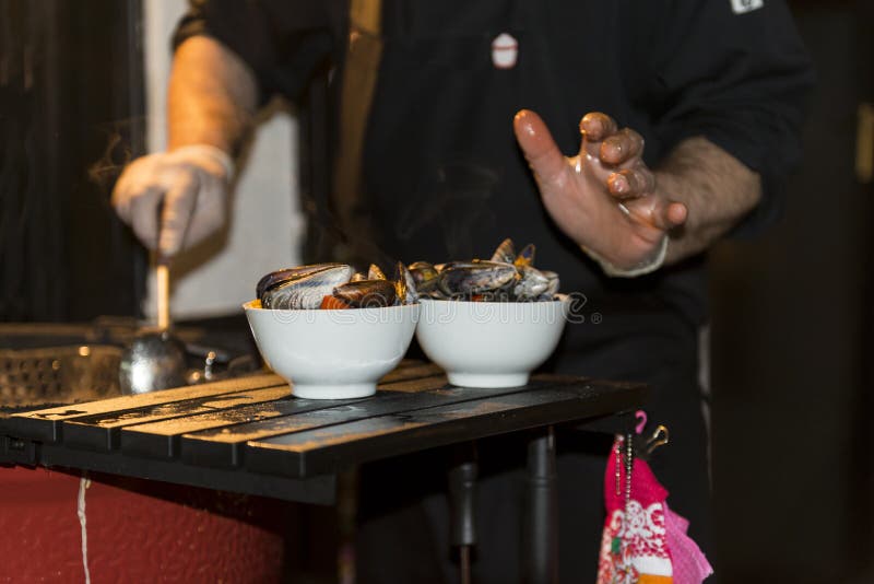 Chef Preparing Seafood on the Grill Stock Photo - Image of food ...