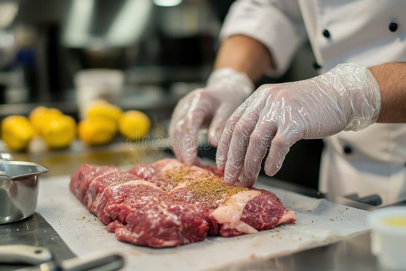 Chef Preparing Seasoned Beef in Restaurant Kitchen Culinary Process ...
