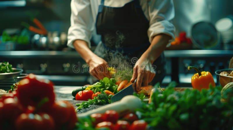 Chef Preparing Spaghetti with Tomatoes in Kitchen Using Natural ...