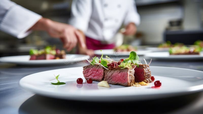 Chef Preparing a Steak on White Plates, AI Stock Photo - Image of beef ...