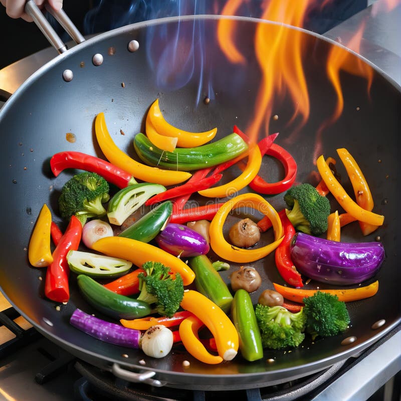 Chef Preparing Stir Fry Vegetables in Wok with Flames Stock Photo ...