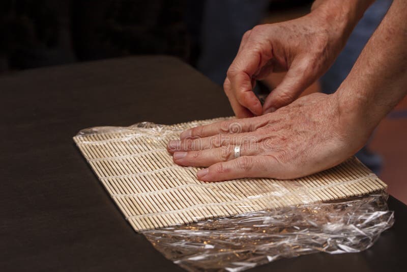 Bamboo Sushi Mat Being Prepared for Chef Class Stock Photo - Image of ...